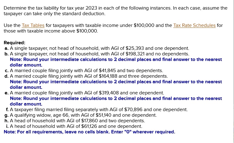 Determine the tax liability for tax year 2023 in each of the following ...