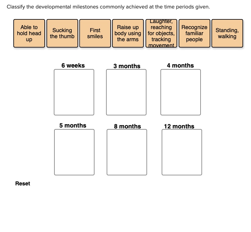 SOLVED: Classify the developmental milestones commonly achieved at the ...