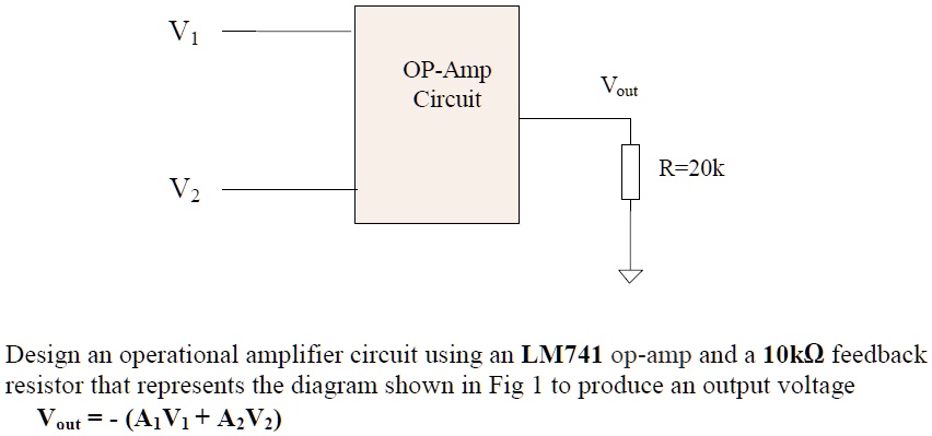 V1 V2 OP-Amp Circuit Vout R=20k Design an operational amplifier circuit using an LM741 op-amp ...