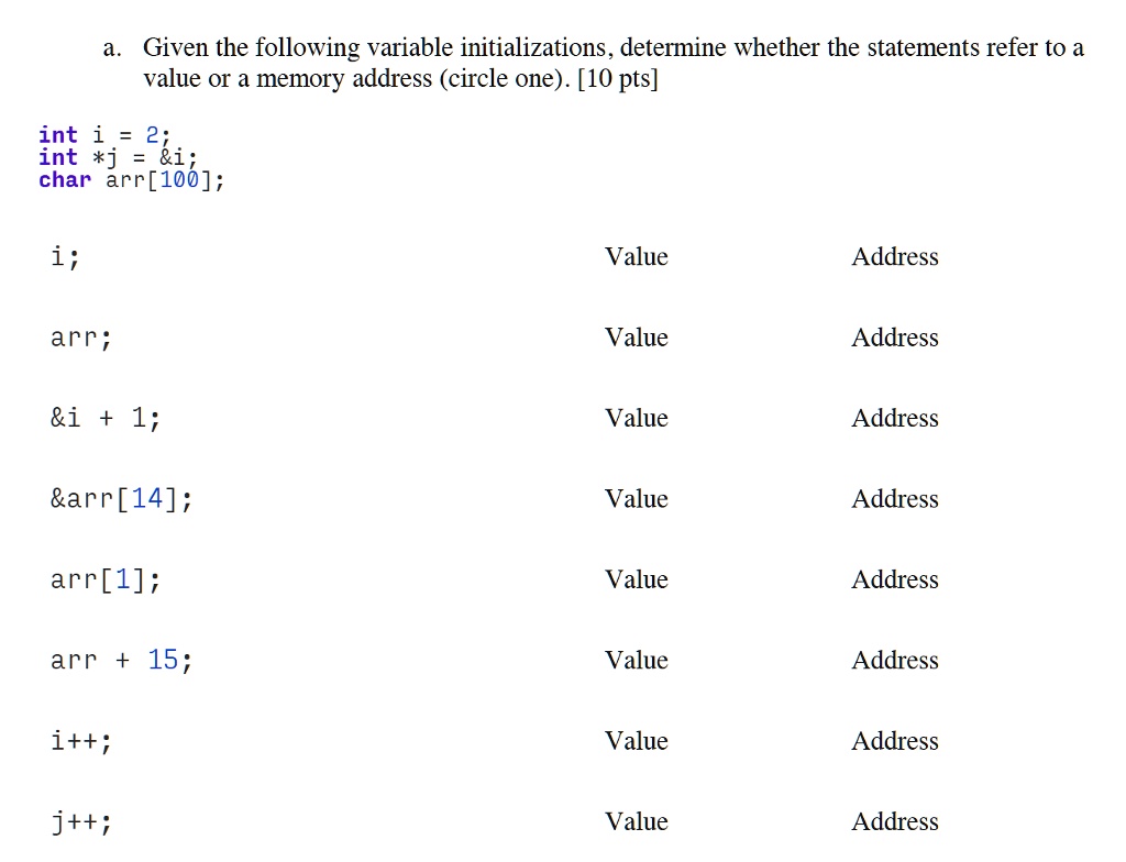Solved Given The Following Variable Initializations Determine Whether The Statements Refer To