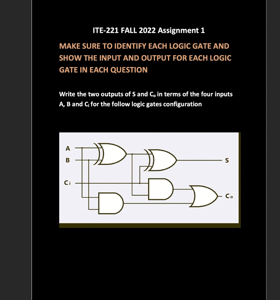 SOLVED: ITE-221 FALL 2022 Assignment 1 MAKE SURE TO IDENTIFY EACH LOGIC GATE AND SHOW THE INPUT ...
