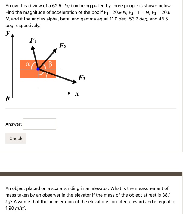SOLVED: An overhead view of 62.5 -kg box being pulled by three people ...