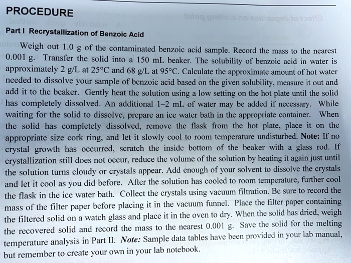 Solved Procedure Avon I0 Part Recrystallization Of Benzoic Acid Weigh Out 10 G Of The