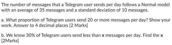 SOLVED: The number of messages that a Telegram user sends per day ...