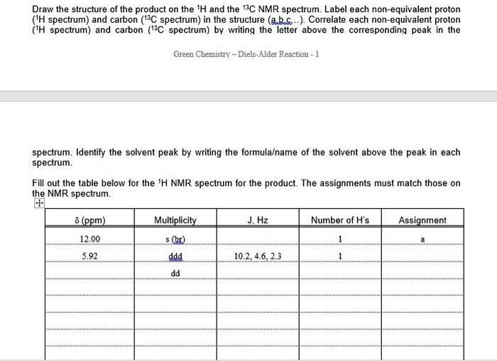 SOLVED: Draw the structure of the product on the 'H and the "C NMR spectrum. Label each non ...