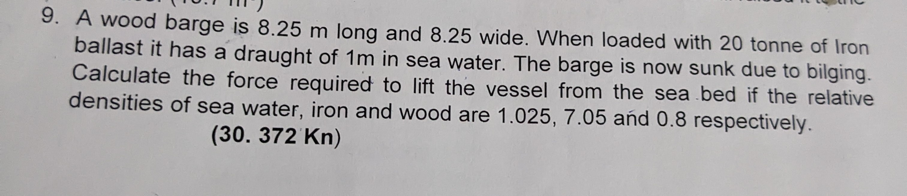 9. A wood barge is 8.25 m long and 8.25 wide. When loaded with 20 tonne ...