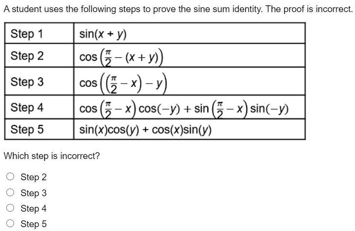 A student uses the following steps to prove the sine sum identity. The ...