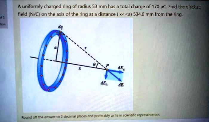 A uniformly charged ring of radius 53 mm has a total charge of 170 µC ...