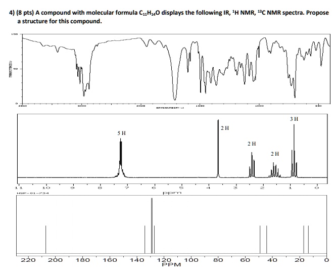 SOLVED: 4) (8 pts) compound with molecular formula CuH,0 displavs the following IR, 'H NMR, "C ...