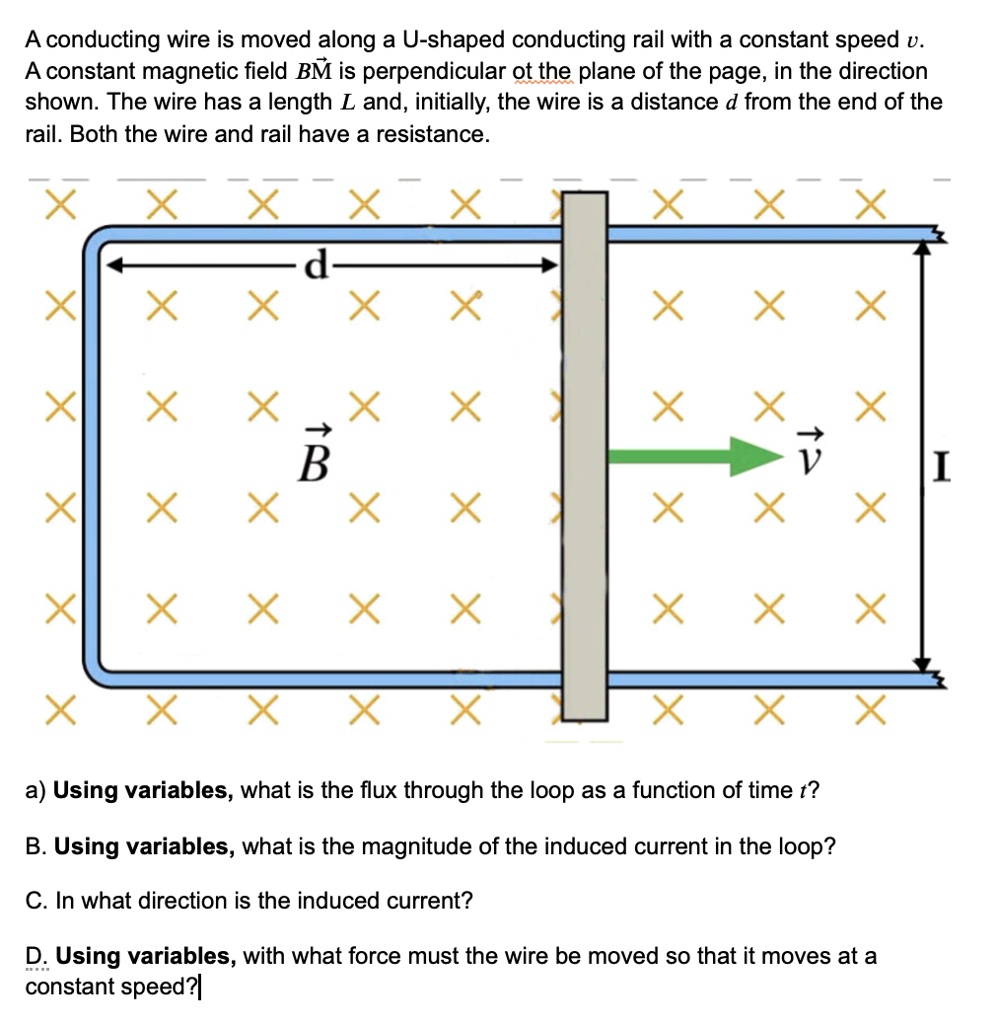 SOLVED: A conducting wire is moved along a U-shaped conducting rail with a constant speed v A ...