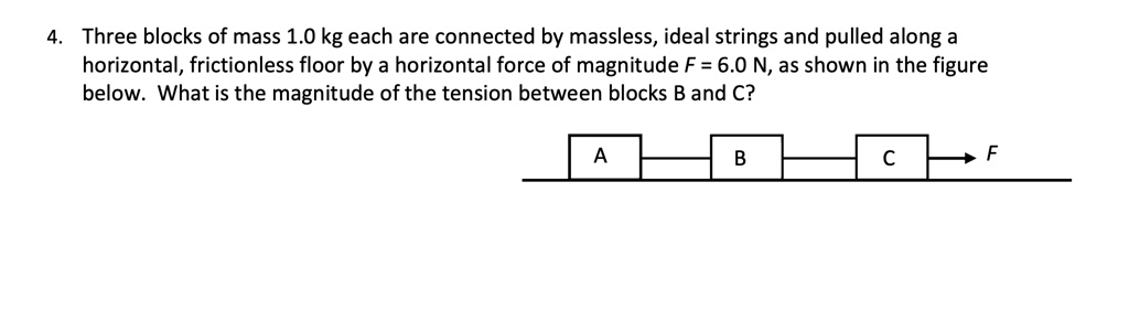 4. Three blocks of mass 1.0 kg each are connected by massless, ideal strings and pulled along a ...