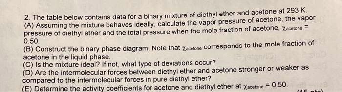 2. The table below contains data for a binary mixture of diethyl ether ...