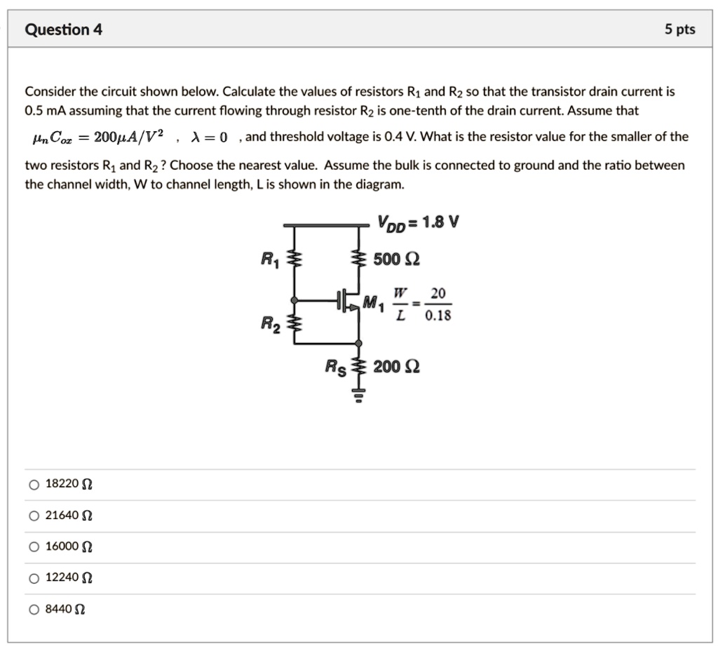 Question 4 5 pts Consider the circuit shown below. Calculate the values of resistors R1 and R2 ...