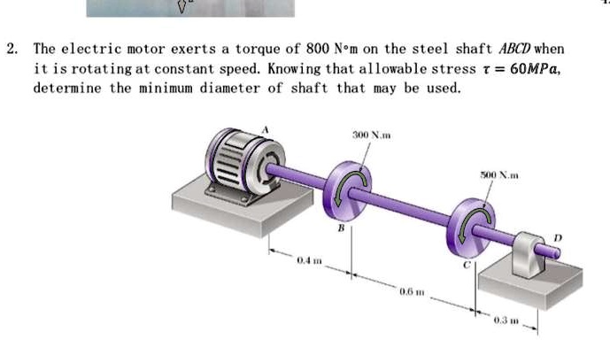 The electric motor exerts a torque of 800 Nm on the steel shaft ABCD ...