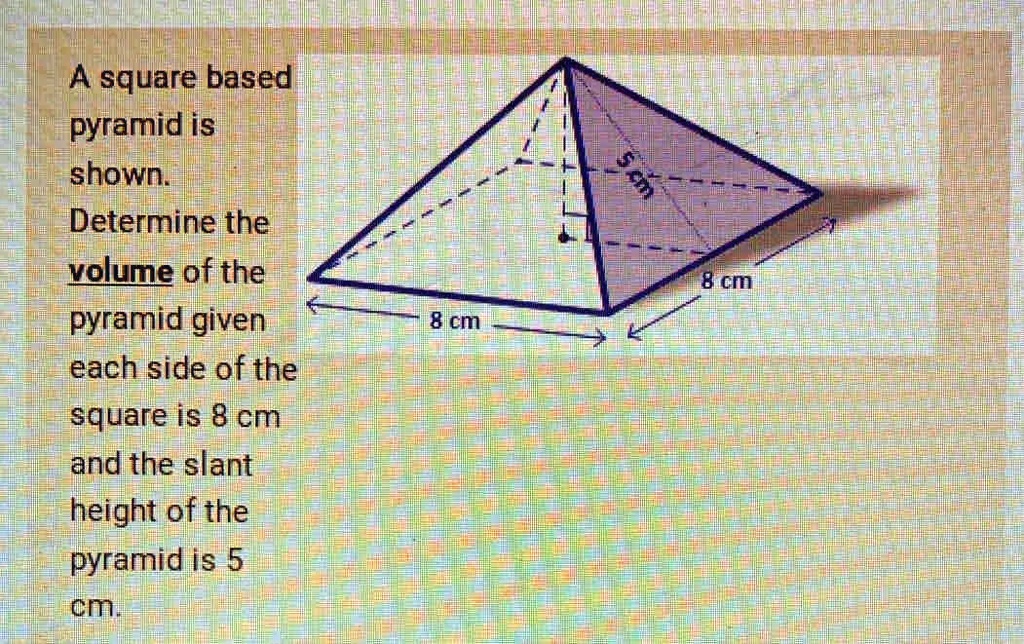 [GET ANSWER] A square based pyramid is shown. Determine the volume of ...