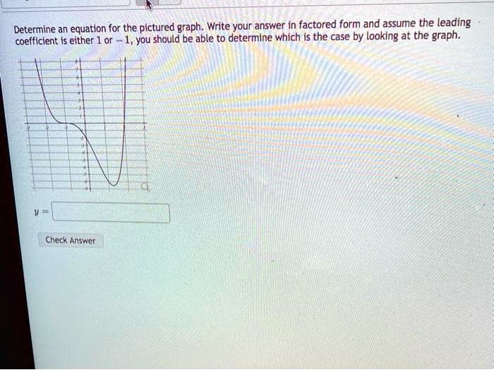 SOLVED: Determine an equation for the pictured graph. Write your answer in factored form and ...