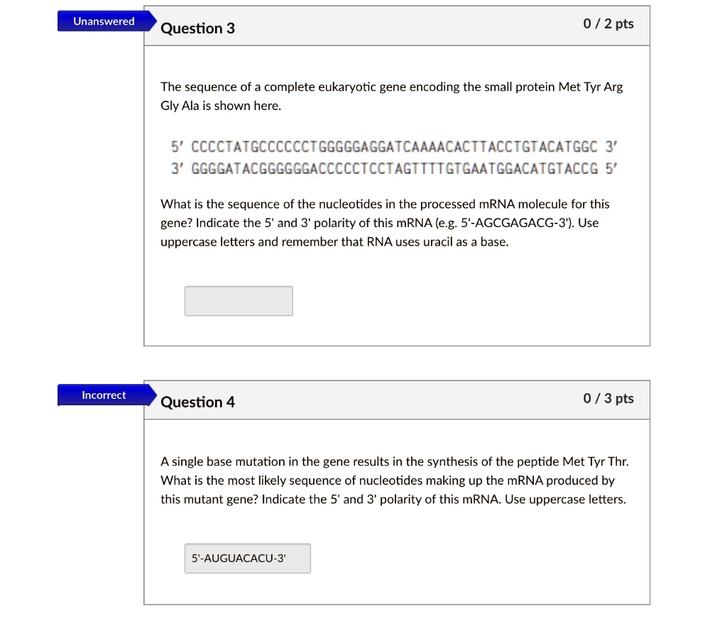 SOLVED:Unanswered Question 3 0 / 2 pts The sequence of complete eukaryotic gene encoding the ...