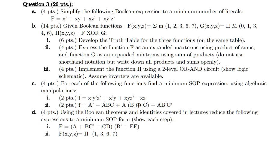 Solved Text Question 3 26 Pts A 4 Pts Simplify The Following Boolean Expression To A 
