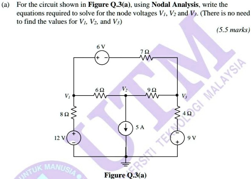 (a) For the circuit shown in Figure Q.3(a), using Nodal Analysis, write the equations required ...