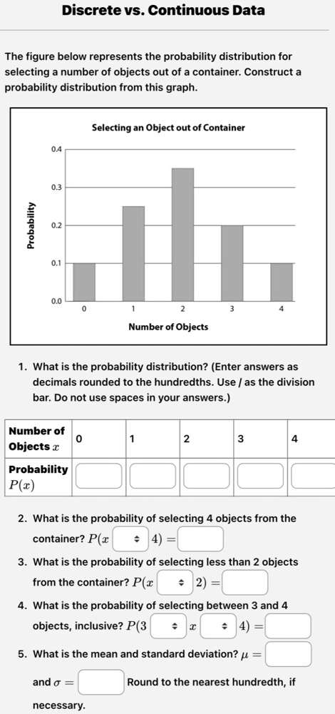 SOLVED: Discrete vs. Continuous Data The figure below represents the probability distribution ...
