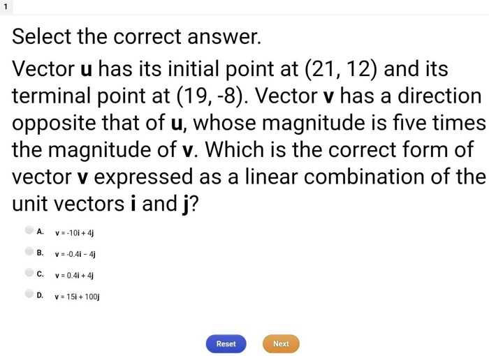 SOLVED: Select the correct answer. Select the correct answer: Vector u has its initial point at ...