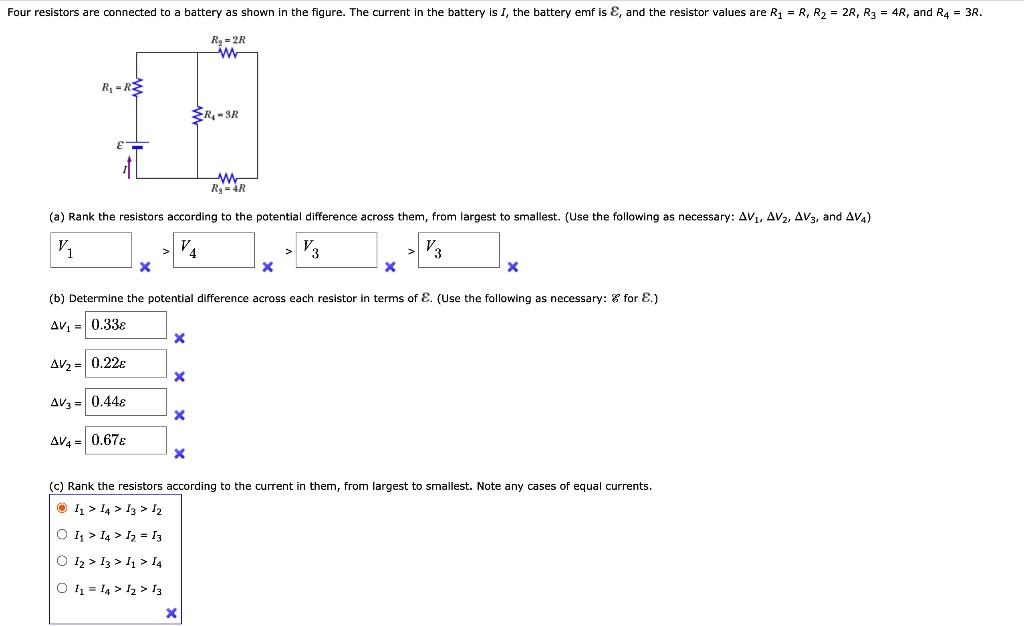 SOLVED: Four resistors are connected to a battery as shown in the figure. The current from the ...