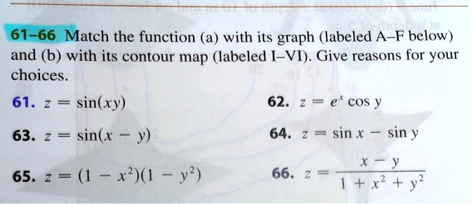 SOLVED:61-66 Match the function a) with its graph (labeled A-F below) and (b) with its contour ...