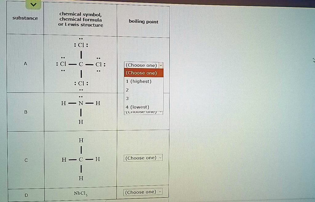 SOLVED: chemical symbol; chemical formula or Lewis structure substance ...
