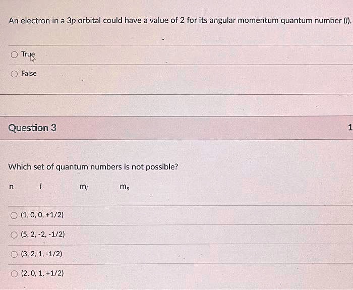 SOLVED: An electron in a 3p orbital could have a value of 2 for its angular momentum quantum ...