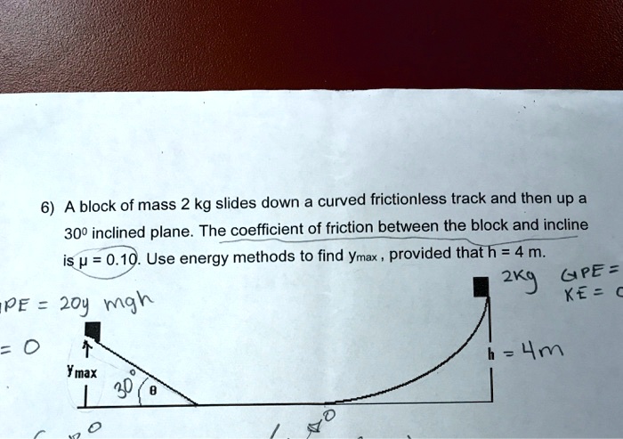 a block of mass 2 kg slides down a curved frictionless track and then up a 300 inclined plane ...