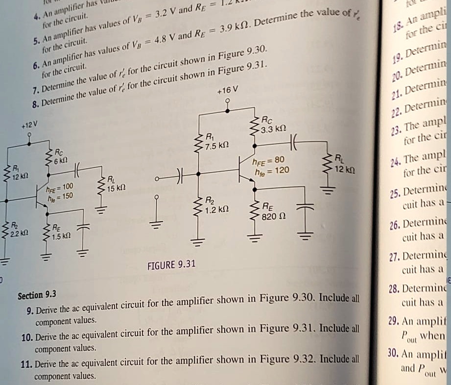 4. An amplifier has values of VB = 3.2 V and RE = 1.2 kΩ. Determine the value of re for the ...