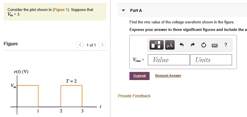 SOLVED: Consider the plot shown in Figure 1. Suppose that Vm = 3. Part A: Find the rms value of ...