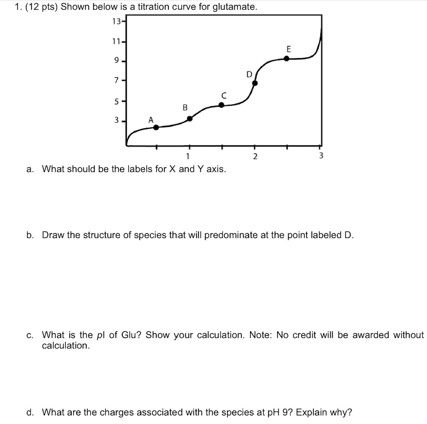 SOLVED: 1 . (12 pts) Shown below is a titration curve for glutamate 13 ...