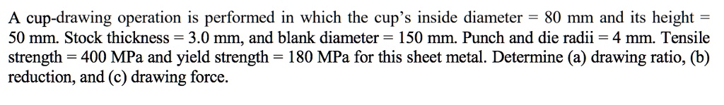 SOLVED: A cup-drawing operation is performed in which the cup's inside ...