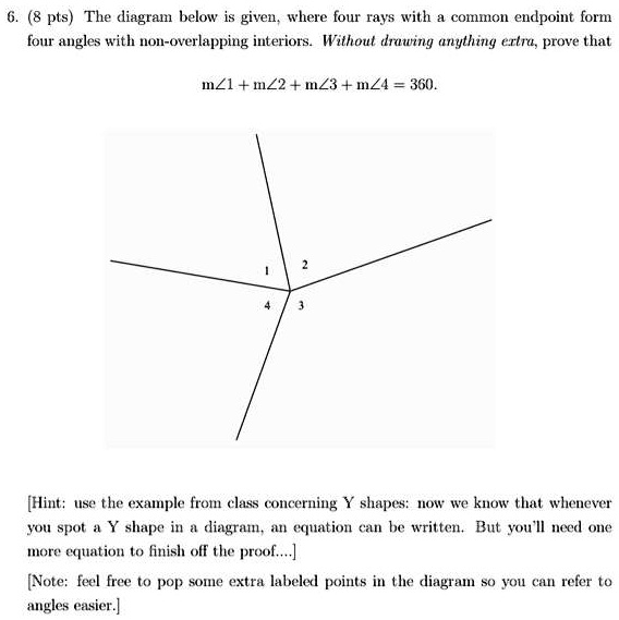 6. (8 pts) The diagram below is given, where four rays with a common endpoint form four angles ...