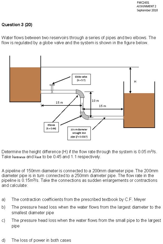 Water flows between two reservoirs through a series of pipes and two elbows. The flow is ...