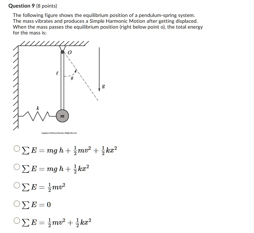 Question 9 (8 points) The following figure shows the equilibrium position of a pendulum-spring ...
