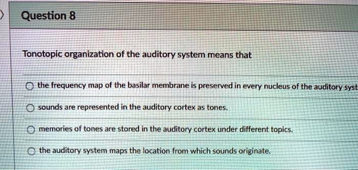 SOLVED: Tonotopic organization of the auditory system means that the ...