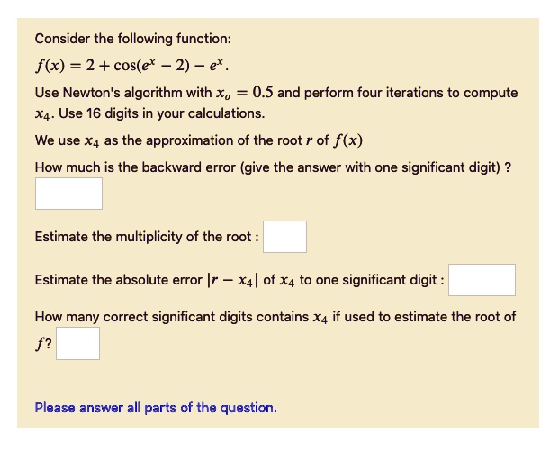 SOLVED:Consider the following function: f(x) = 2 + cos(e* 2) Use Newton's algorithm with Xo 0.5 ...