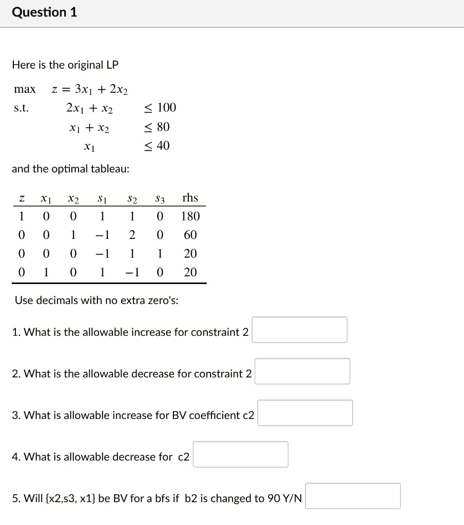 question 1 here is the original lp max z 3x1 2x2 st 2x1 x2 100 x1 x2 80 x 40 and the optimal ...