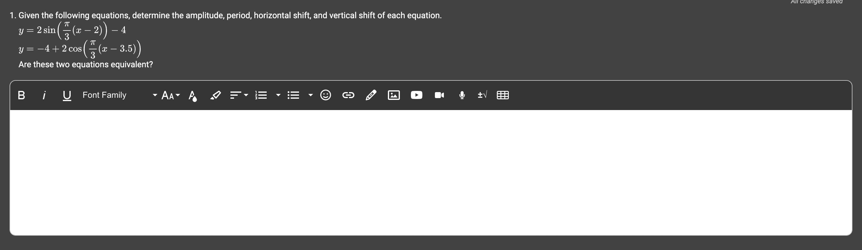 SOLVED: 1. Given the following equations, determine the amplitude, period, horizontal shift, and ...