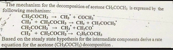 The mechanism for the decomposition of acetone CH3COCH3 is expressed by ...