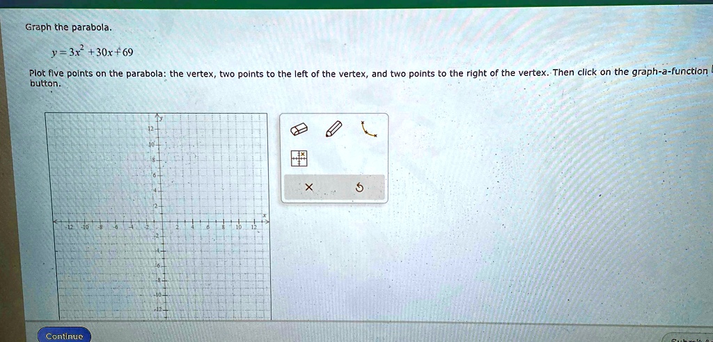 Graph the parabola. y = 3x^2 + 30x + 69 Plot five points on the ...