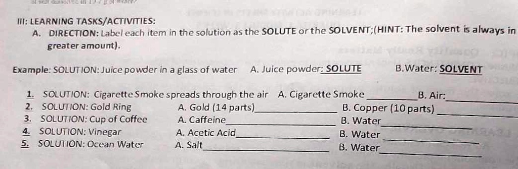 III: LEARNING TASKS/ACTIVITIES: A. DIRECTION: Label each item in the ...