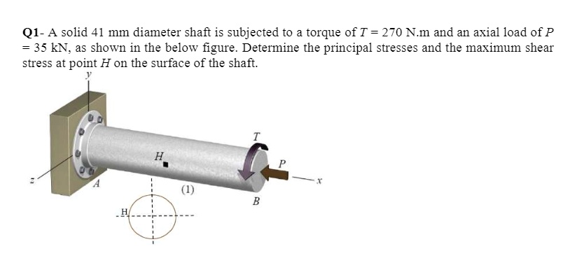 Q1- A solid 41 mm diameter shaft is subjected to a torque of T = 270 N ...