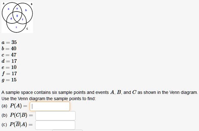A B a = 35 b = 40 c = 47 d = 17 e = 10 f = 17 C g = 15 A sample space ...