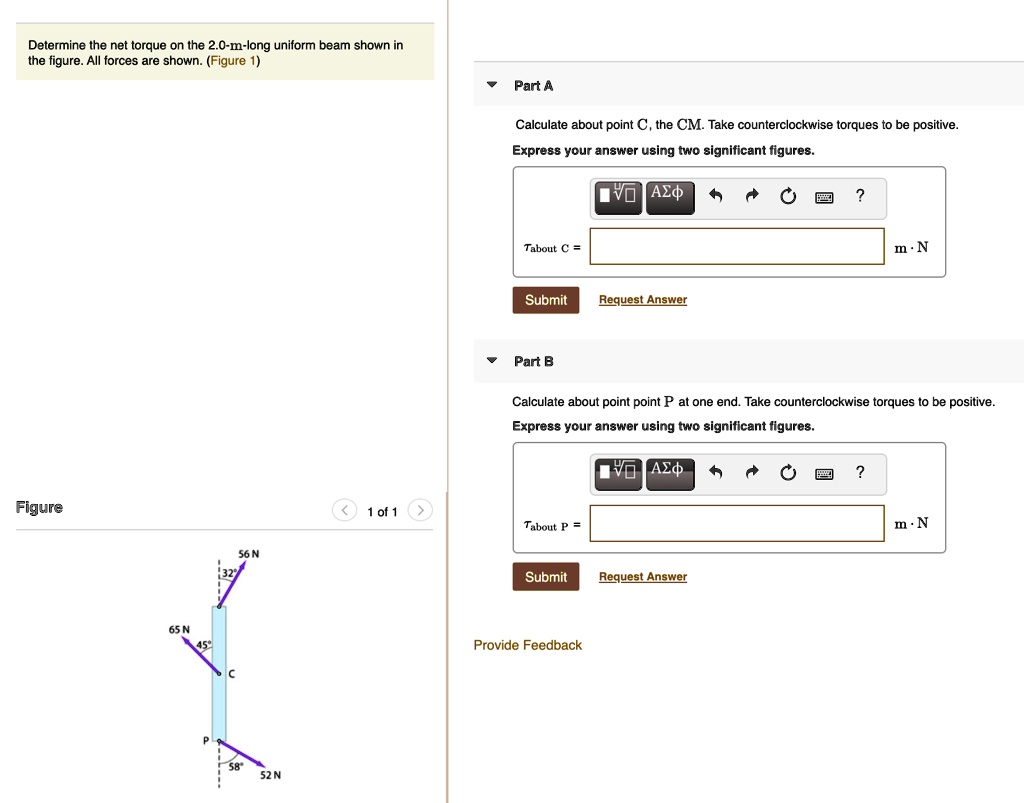 SOLVED: Determine the net torque on the 2.0-m-long uniform beam shown ...