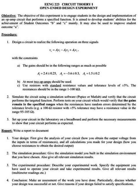 SOLVED: EENG223 CIRCUIT THEORY 1 OPEN-ENDED DESIGN EXPERIMENT Objective: The objective of this ...