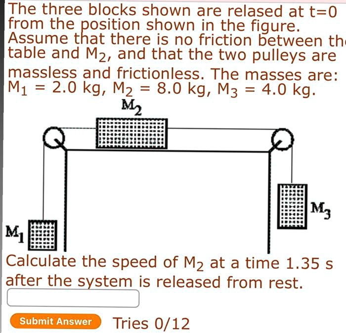 SOLVED: The three blocks shown are released at t=0 from the position shown in the figure. Assume ...