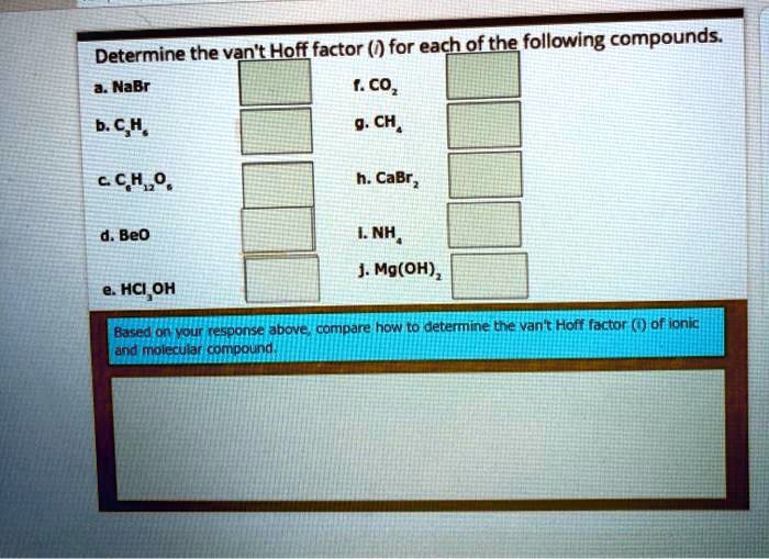 Determine the van't Hoff factor (i) for each of the following compounds. a. NaBr b. C3H8 c ...